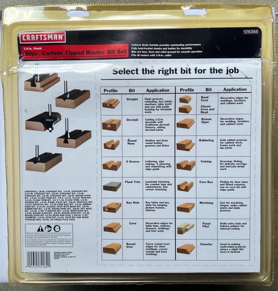Craftsman 30 Piece Carbide Tipped Shank Router Bit Set, Wooden Case, 1 ...