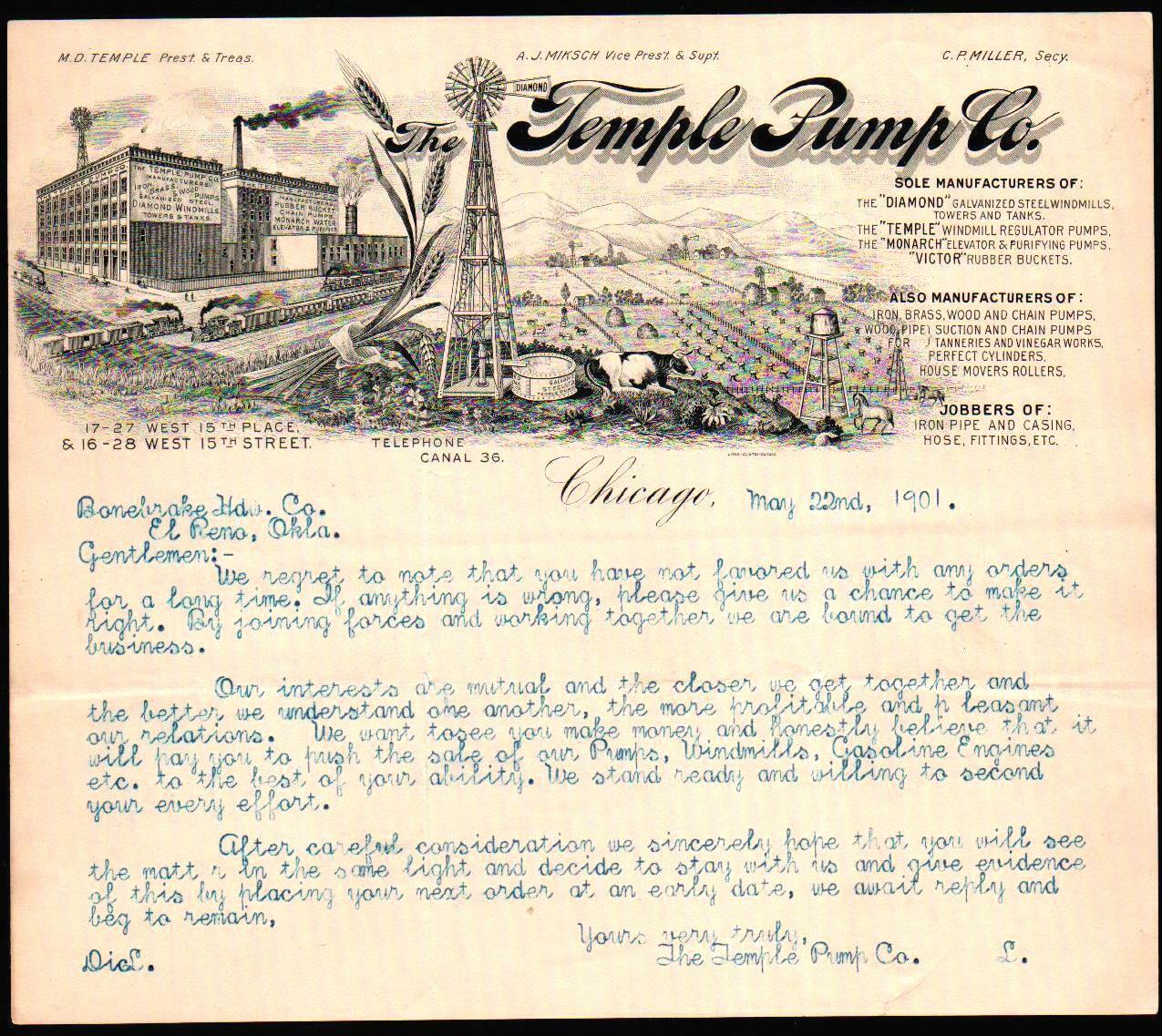 Temple Pump Co - 1901 Chicago IL - A J Miksch - History Rare Letter ...