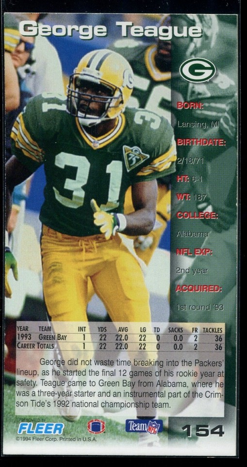 1994 Fleer GameDay Tall Boy George Teague #154 Green Bay Packers | eBay