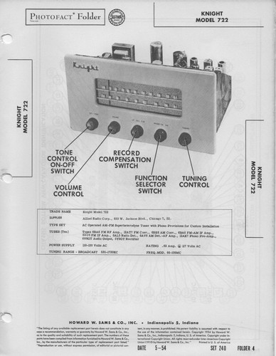 1954 KNIGHT 722 AM FM TUBE RADIO SERVICE MANUAL PHOTOFACT SCHEMATIC ...