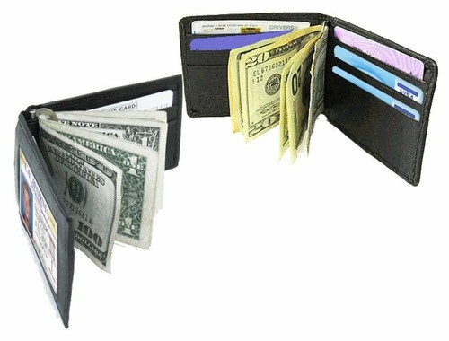 Black Genuine Leather Men's Bifold Money Clip Spring loaded Wallet RFID ...