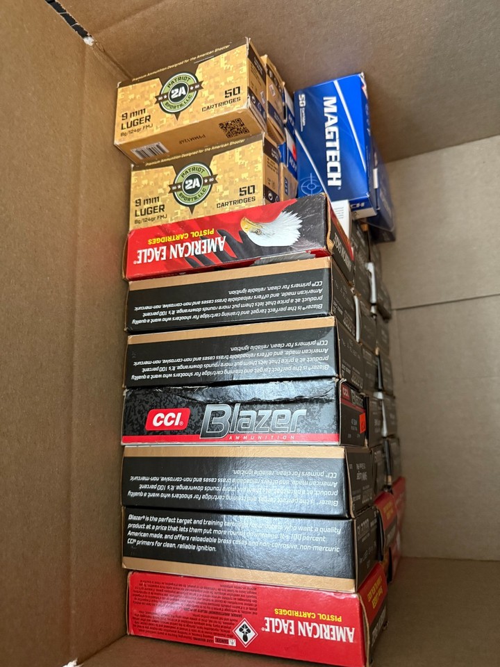 LOT OF 50+ EMPTY AMMO AMMUNITION BOXES w/TRAYS 9MM 40 45 10MM 357MAG 38 ...