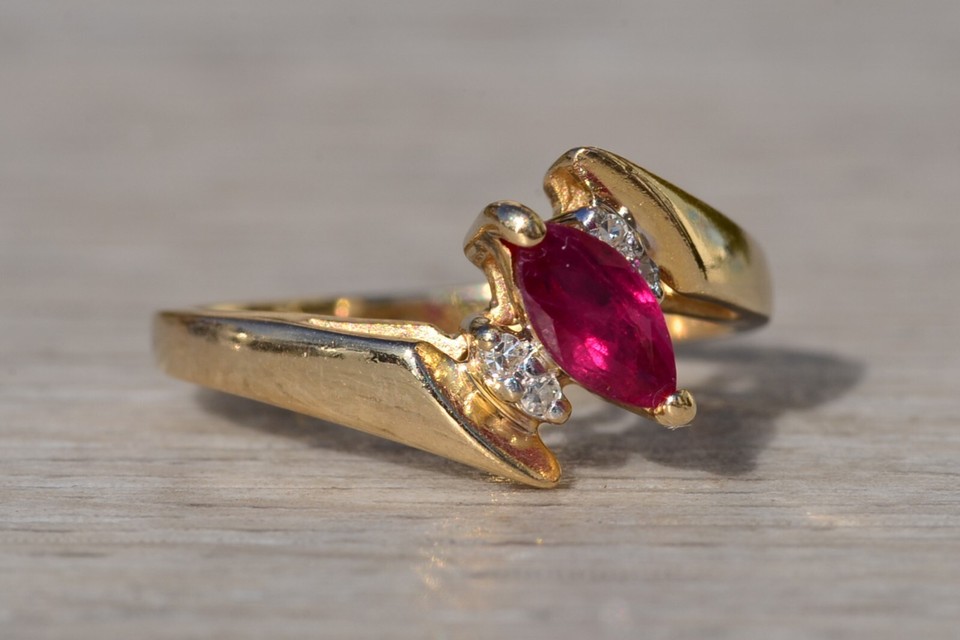 Ladies 14K Gold Bypass Ring set with Marquise Ruby and Diamonds | eBay