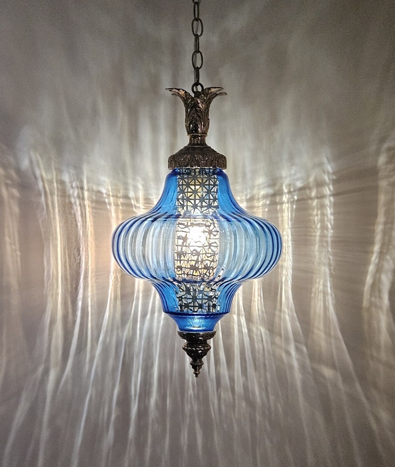 Vintage BLUE Glass FALKENSTEIN Hanging Light Swag Lamp Retro Diffuser ...