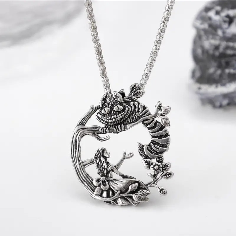 Alice In Wonderland Cheshire Cat Jewelry Vintage Silver Pendant Necklace