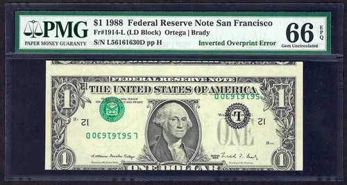 🇺🇸 ERROR 1988 $1 SAN FRANCISCO ♚♚INVERTED OVERPRINT♚♚ PMG GEM UNC 66 ...