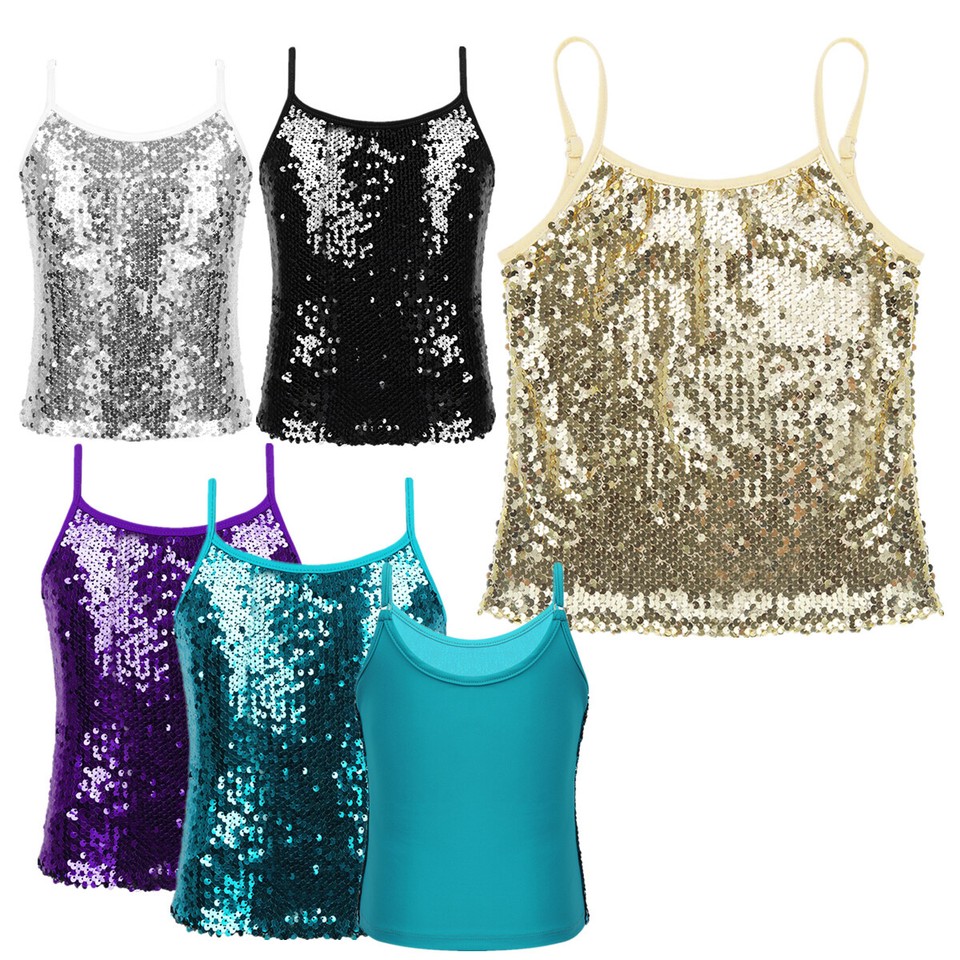 Girls Sparkle Sequins Dance Camisole Tank Tops Cheer Jazz Performance ...
