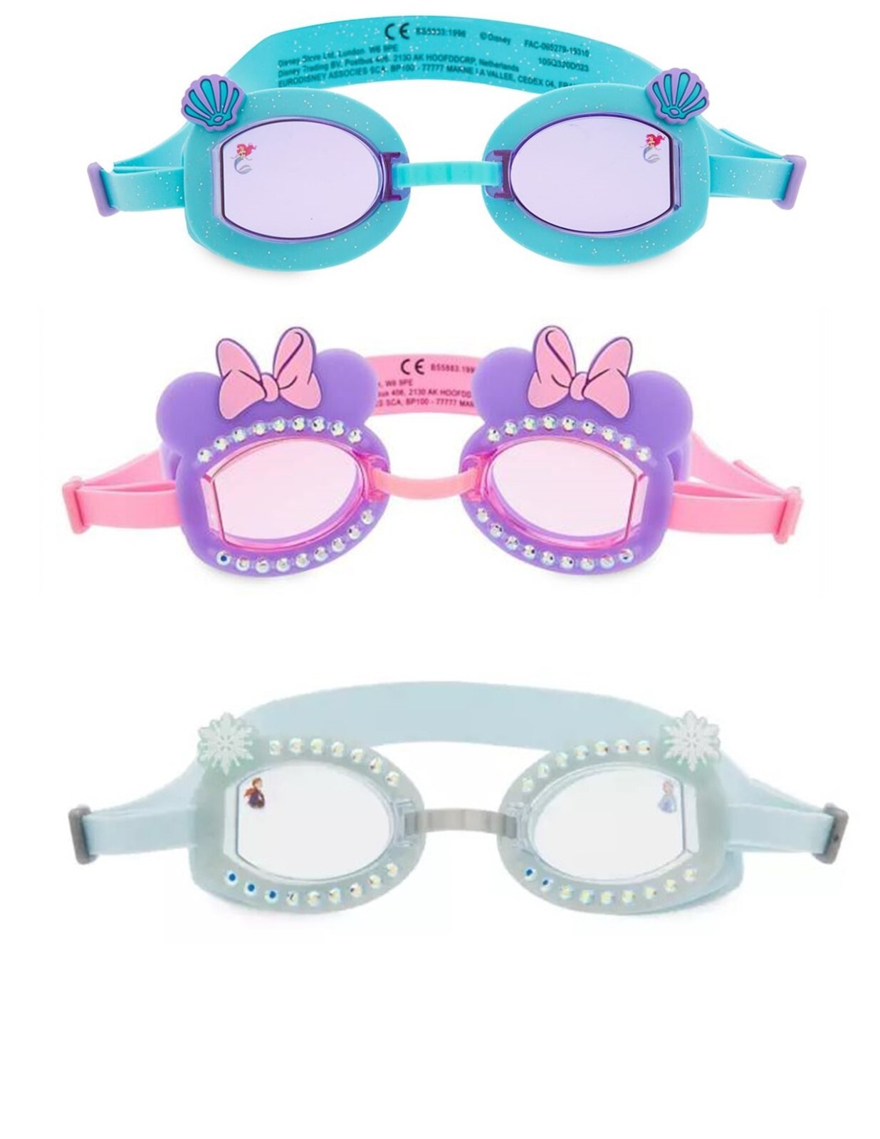 Disney Store 3 Pair of Kids Swim Goggles, Minnie, Ariel, and Frozen 2 ...