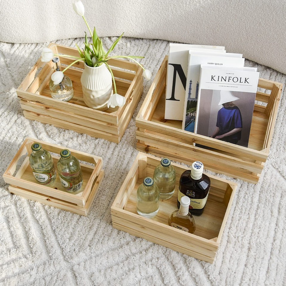 Set of 4 Large Wooden Crates Unfinished Office Storage Crates ...