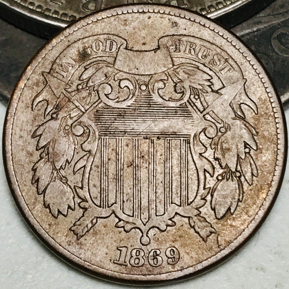 1869 Two Cent Piece 2C Ungraded Circulated Civil War Era US Copper Coin ...