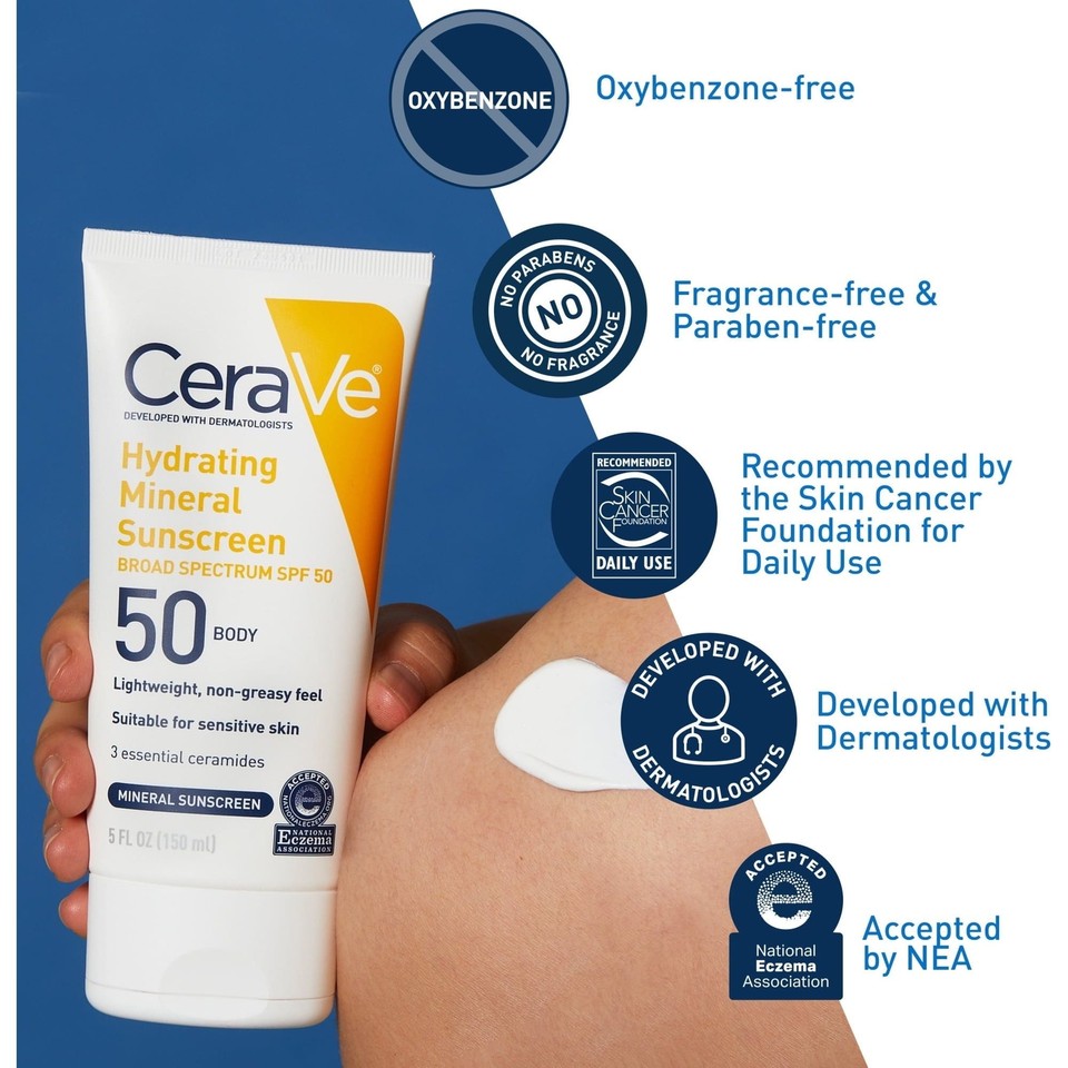 CeraVe Hydrating Body Mineral Sunscreen Lotion SPF 50, 5 fl oz ...