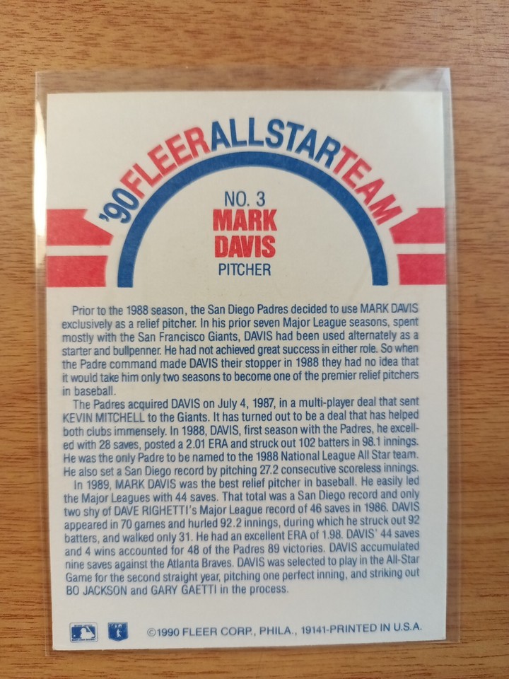 MARK DAVIS 1990 FLEER "ALL-STAR TEAM" INSERT BASEBALL CARD-#3-PADRES ⚾⚾ ...
