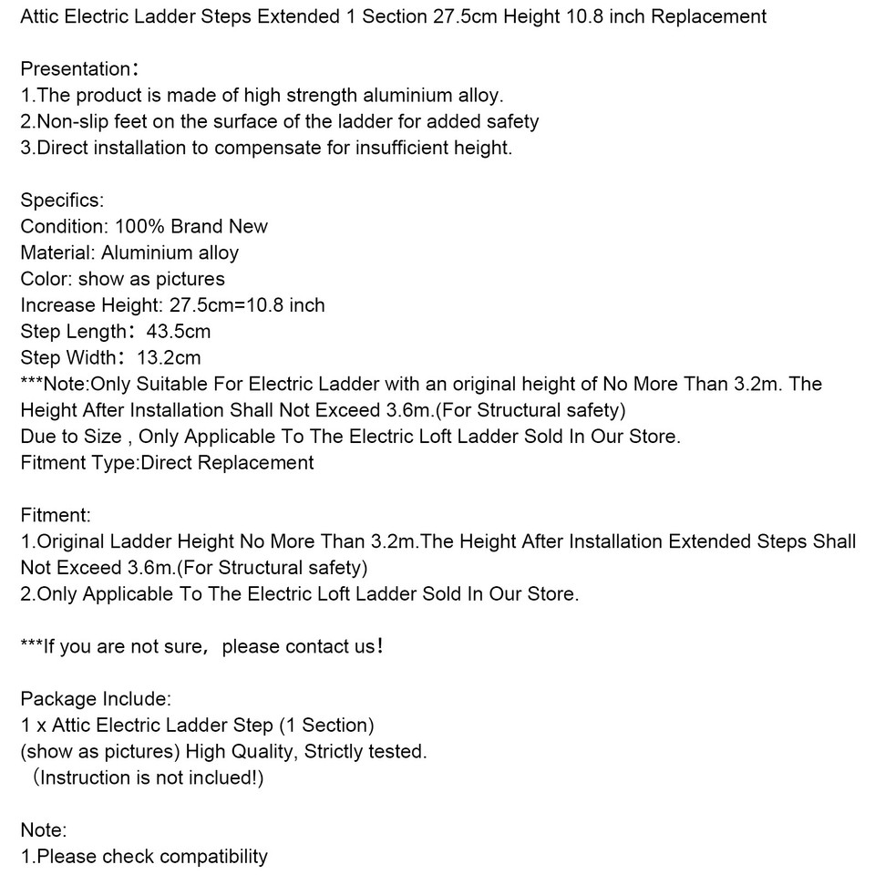 NEW Section 27.5cm Height 10.8'' Attic Electric Ladder Steps Extended ...