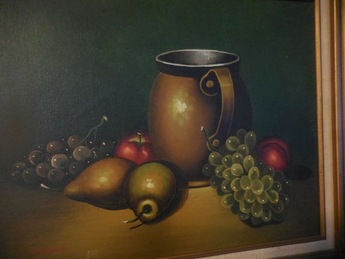 Oil on Canvas Painting of Still-life of Fruit and on Table Signed Curka ...