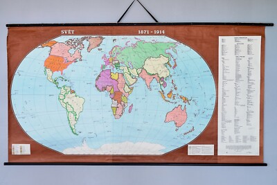 Rare vintage school map The World in 1871 - 1914. Roll up. In the Czech ...