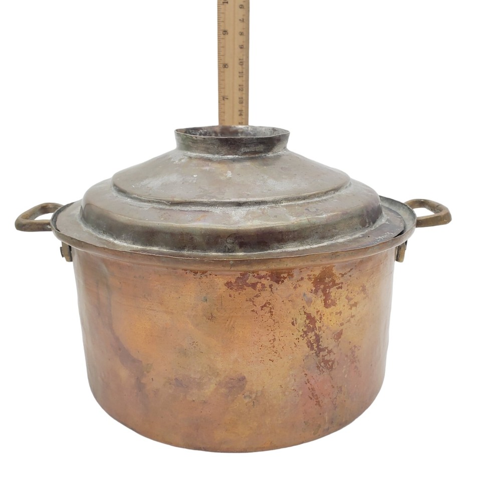 Antique Large French Tinned Copper Stew Pot w/ Hammered Dutch Lid Brass ...