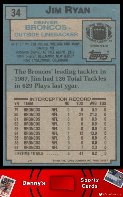 1988 Topps #34 Jim Ryan Denver Broncos Football Card | eBay