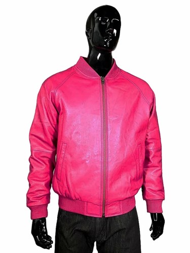 Men's Lambskin Leather Pink Bomber Jacket Baseball Style Varsity Jacket ...