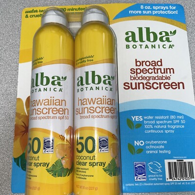 2pk Alba Botanica Hawaiian Sunscreen SPF 50 Coconut Clear Spray 8oz ...