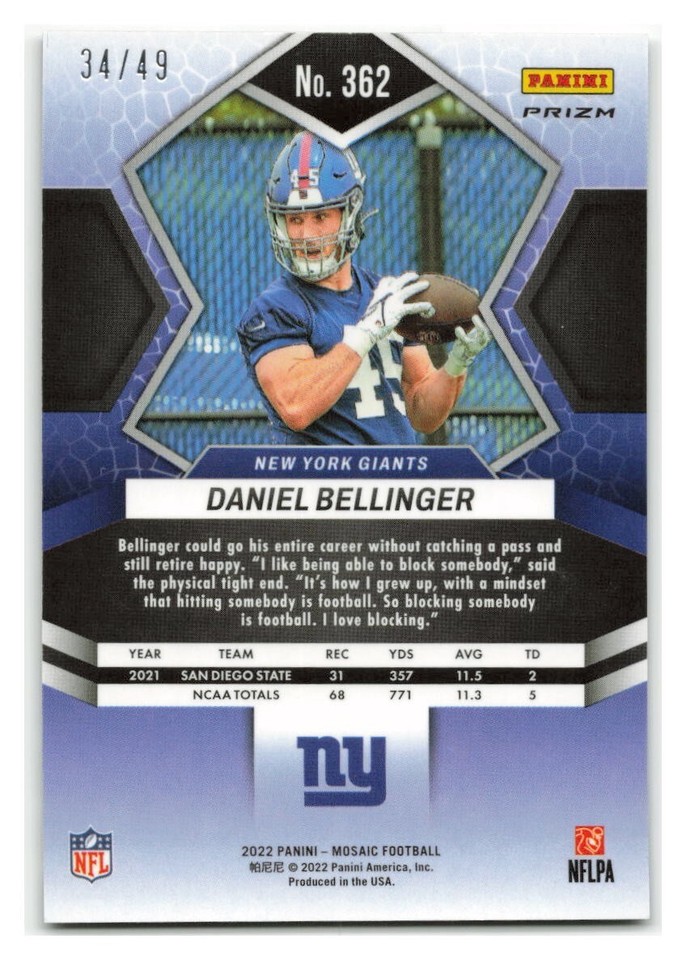 Daniel Bellinger 2022 Panini Mosaic Purple Parallel RC SSP /49 #362 ...