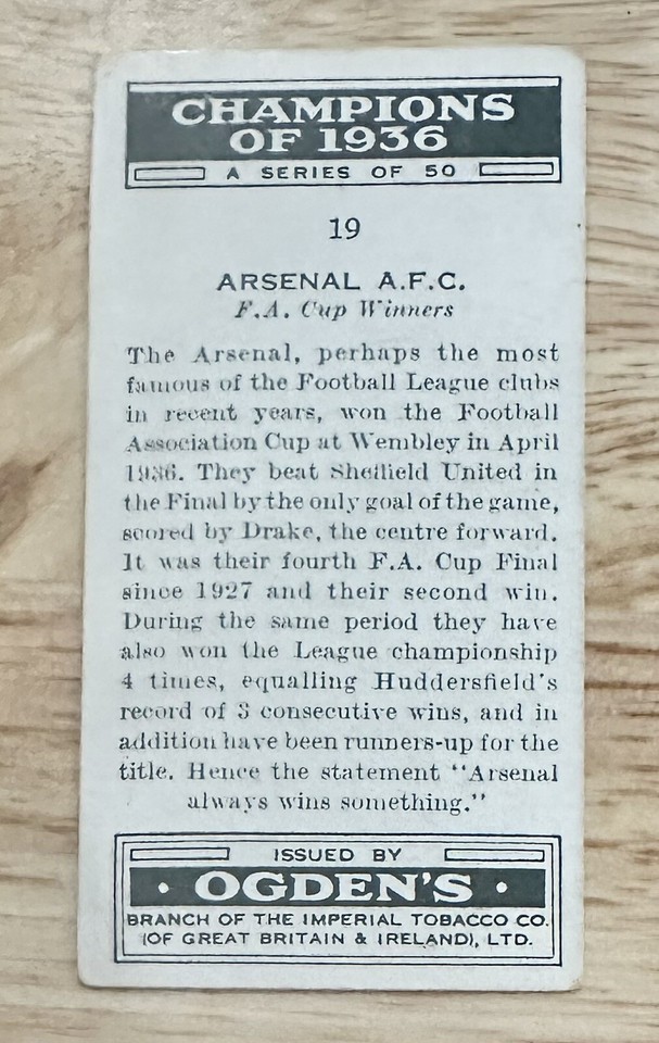 1937 ARSENAL OGDEN'S LTD. #19 CHAMPIONS OF 1936 - Rare Card! | eBay
