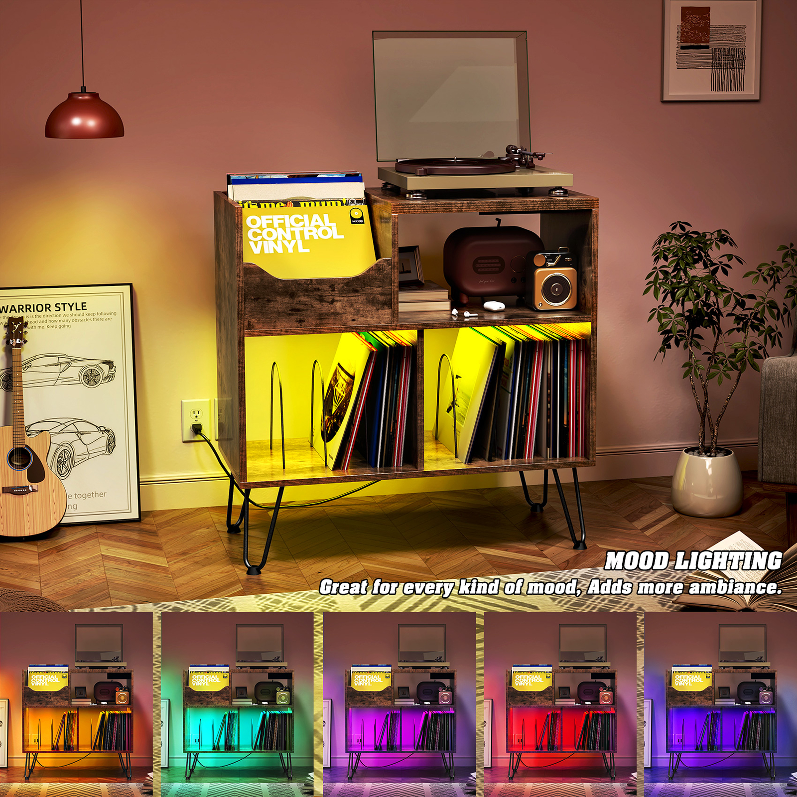 TC-HOMENY RGB LED Record Player Stand Cabinet Vinyl Turntable Stand ...