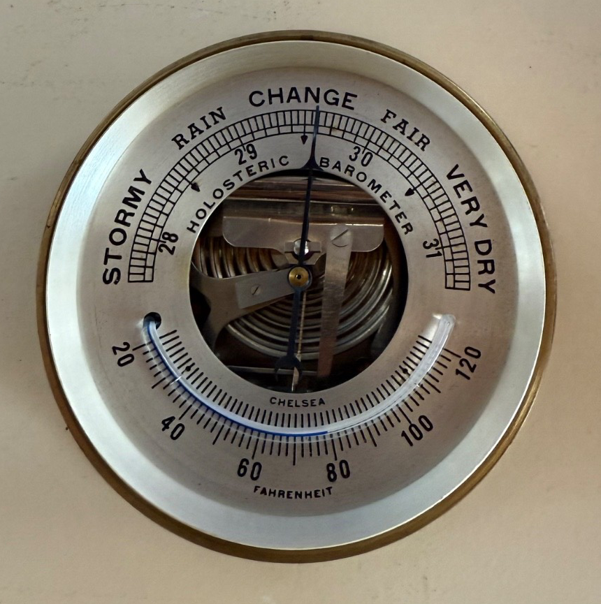 CHELSEA 3 INCH DIAL HOLOSTERIC BRASS SHIPS BAROMETER ON A CHELSEA ...