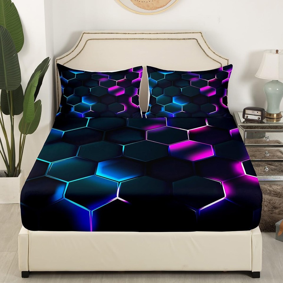Hexagon Bed Sheet Set Queen Size,Honeycomb Design Art Geometric Bedding ...
