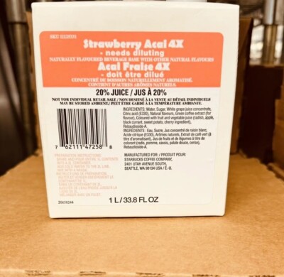 NEW - STARBUCKS Strawberry Acai Refresher Base 4x Concentrate BB Feb ...