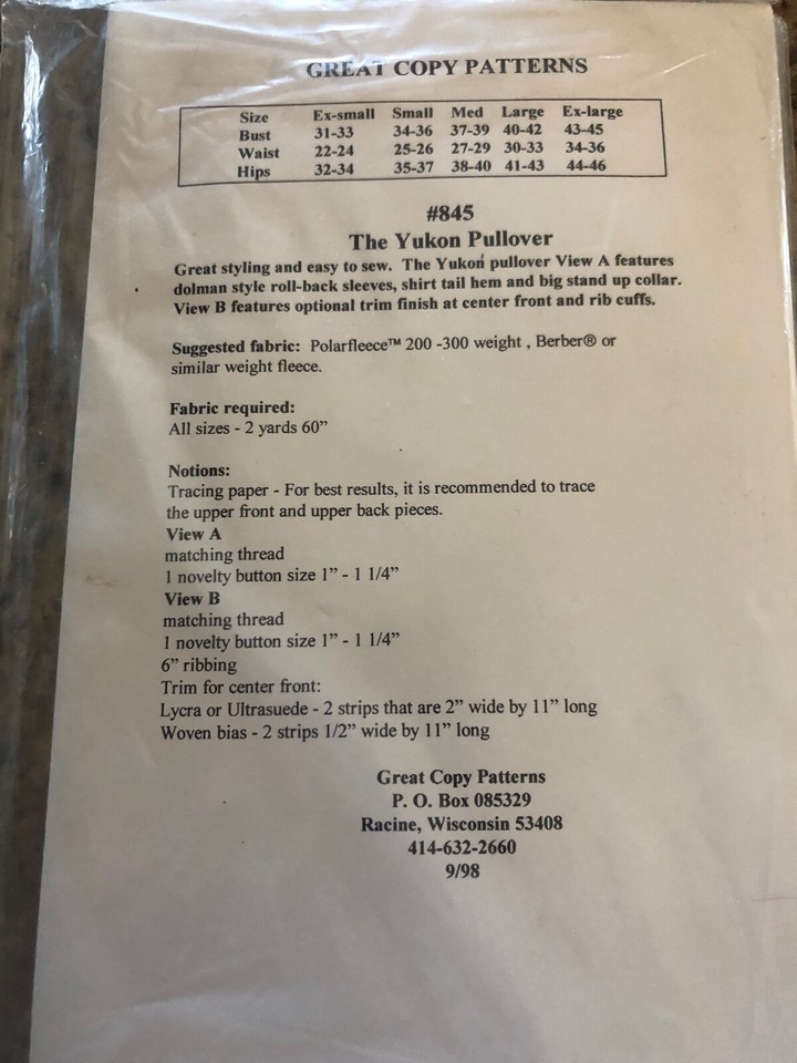 🌷GREAT COPY PATTERNS #845 - ADULT YUKON PULLOVER SHIRT PATTERN XS-XL FF ...