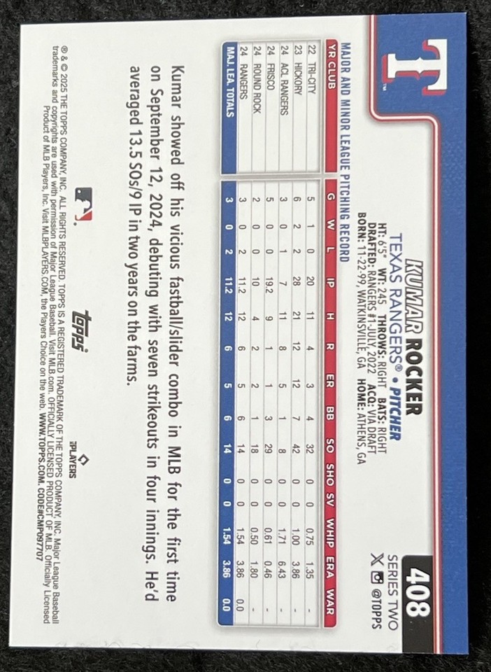 2025 Topps Series 2 - Kumar Rocker - RC - Team Color Border Variation ...