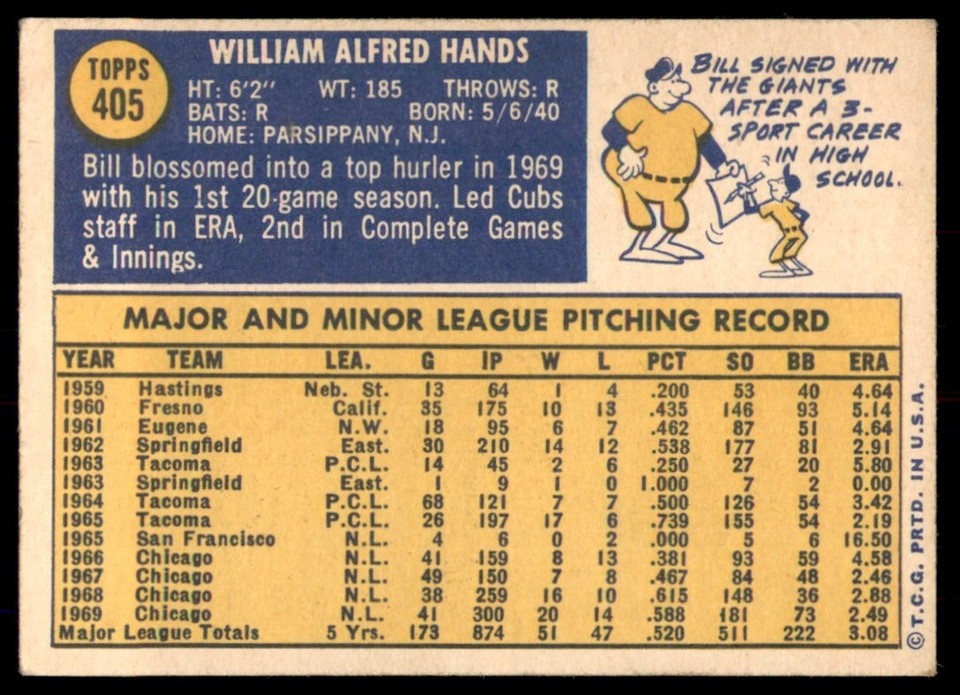 1970 Topps Bill Hands Chicago Cubs #405 EX-EXMT | eBay
