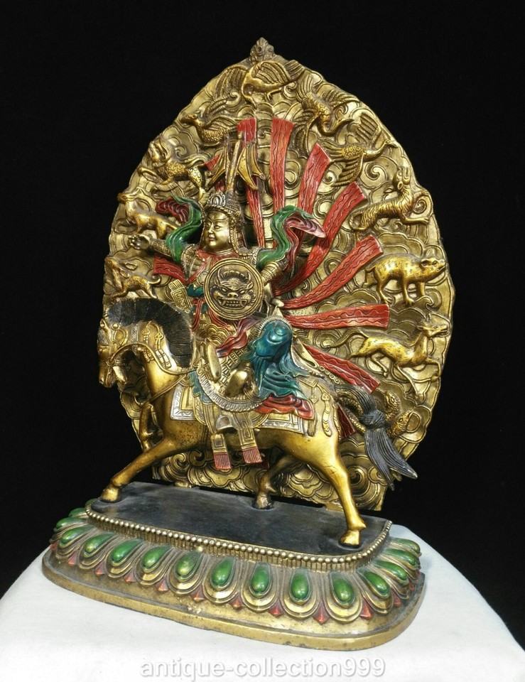 13.4" Old Bronze Gilt Painting Ride Horse King Gesar Patron Saint ...