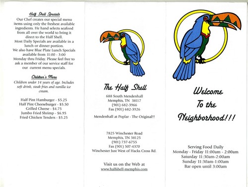 The Half Shell Menu South Mendenhall Memphis Tennessee Toucan | eBay