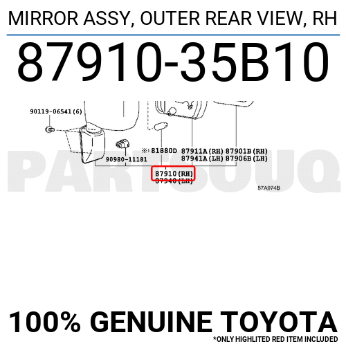 8791035B10 Genuine Toyota MIRROR ASSY, OUTER REAR VIEW, RH 87910-35B10 ...