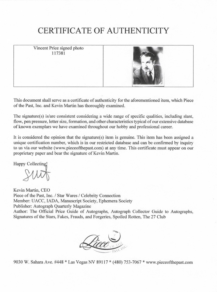 VINCENT PRICE Signed 8x10 with COA........... great image ! | eBay