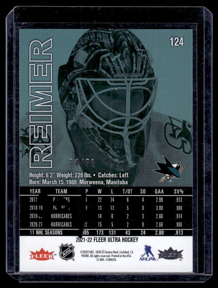 2021-22 UD Fleer Ultra Medallions Ruby Red James Reimer /91 San Jose ...