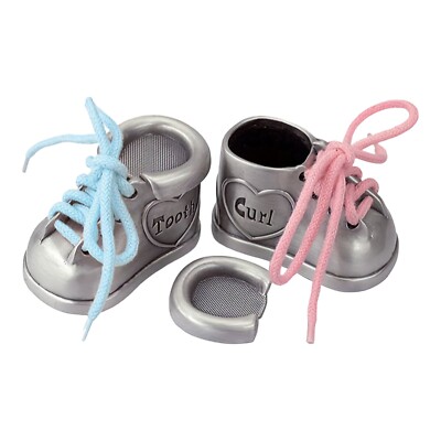 2pc Pewter Baby Shoe Booties Tooth & Curl Set- Pink & Blue Laces ...