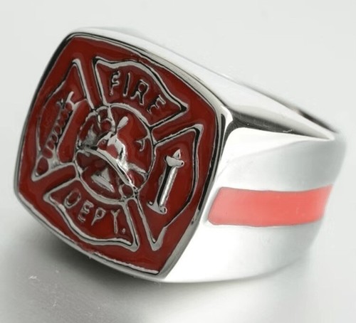 🔥Mens Fire Department Fireman Firefighter Ring Silver With Red | eBay