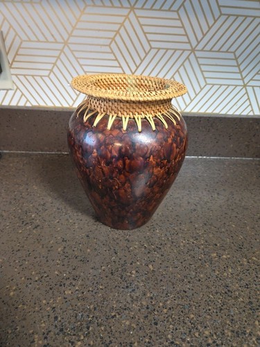 VTG Brown Handmade Terracotta Pottery Vase Woven Rattan Indonesian ...