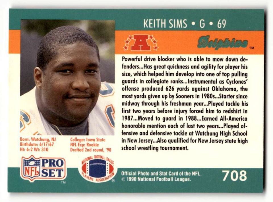 1990 Pro Set #708 Keith Sims Miami Dolphins Football Cards EX/NM ID ...