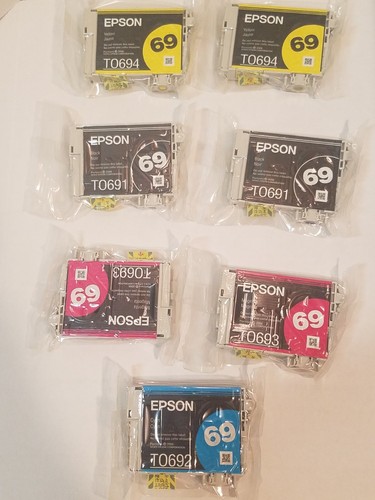 Lot of Epson #69 Ink Cartridges Sealed 2 Yellow, 2 Black, 2 Magenta ...
