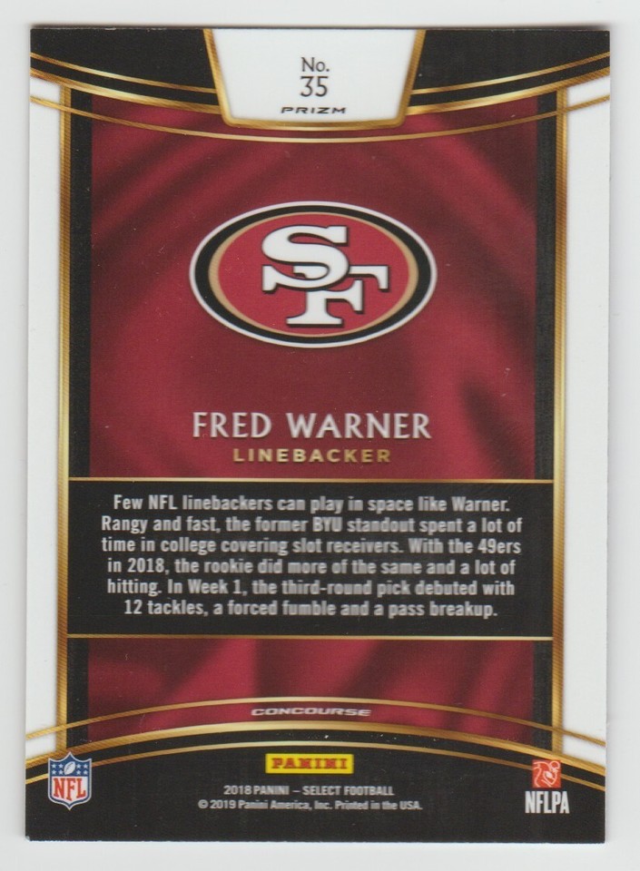 FRED WARNER 49ers 2018 Panini Select SILVER PRIZM Rookie Card #35 SP RC ...