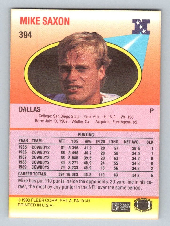 1990 Fleer #394 Mike Saxon Dallas Cowboys Football Card | eBay