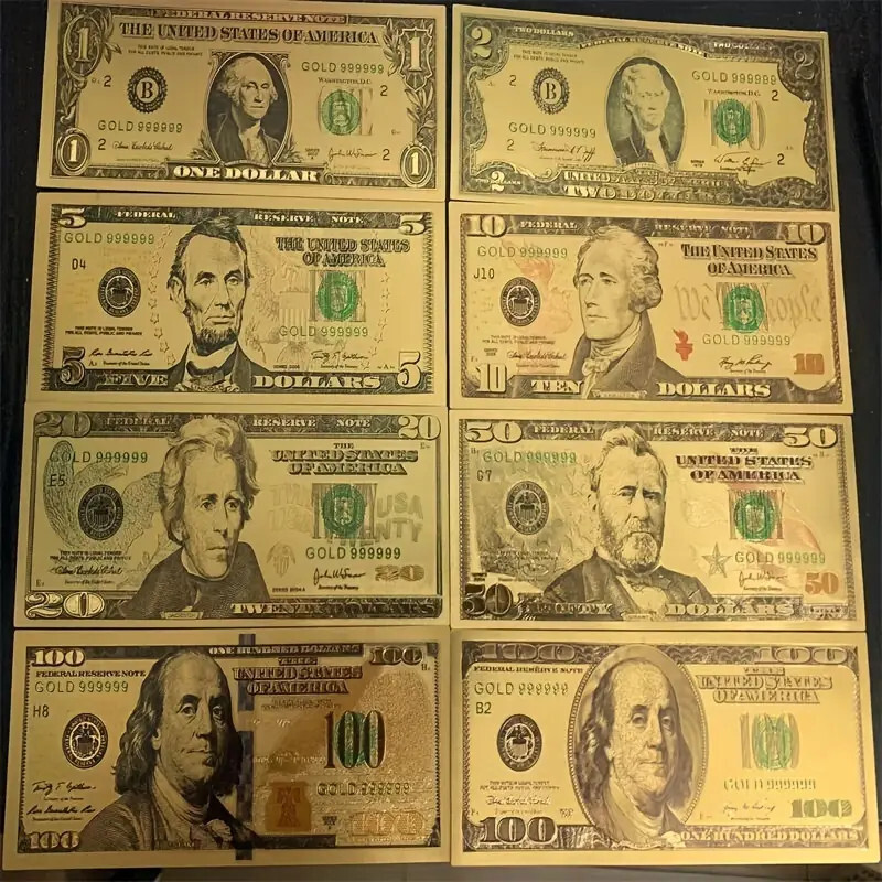 24k Gold Foil Plated US Currency Banknote Set-8 Bill Collectible ...