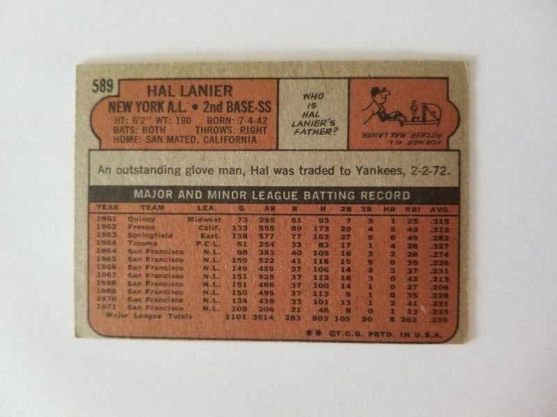 HAL LANIER 1972 TOPPS BASEBALL CARD #589 NEW YORK YANKEES | eBay