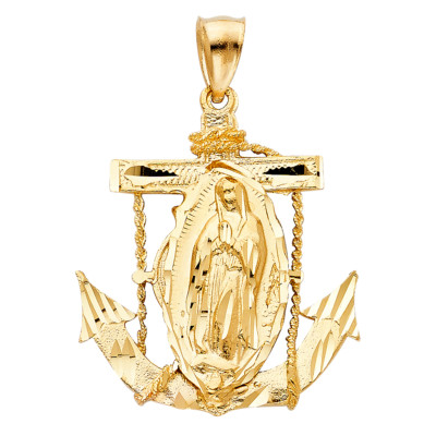 14K Yellow Real Gold Religious Rope Anchor Virgin Mary Guadalupe ...