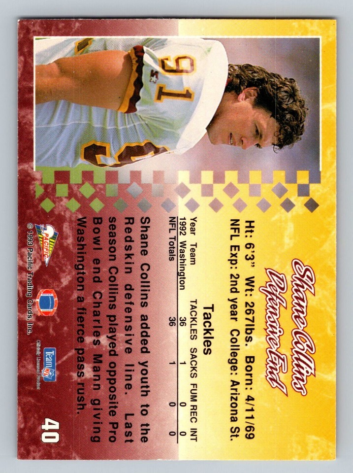 Shane Collins 1993 Pacific #40 Washington Redskins | eBay