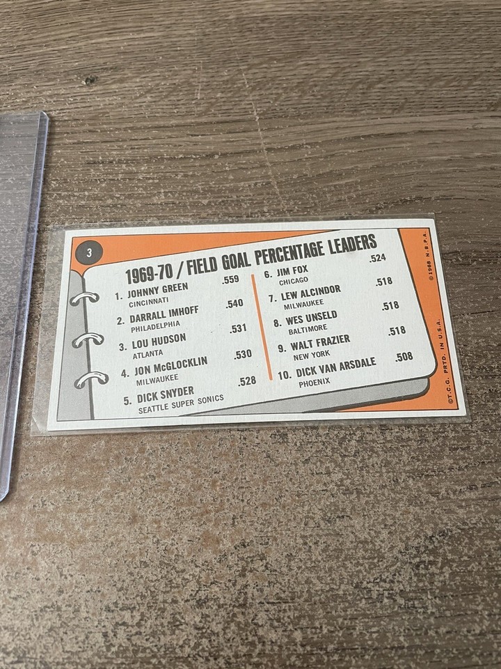 1970-71 Topps #3 FG % Leaders Johnny Green Darrall Imhoff Lou Hudson ...