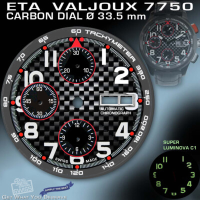 DIAL CARBON FOR MOVEMENT ETA VALJOUX 7750, TACHYMETER RING, BLACK-RED ...